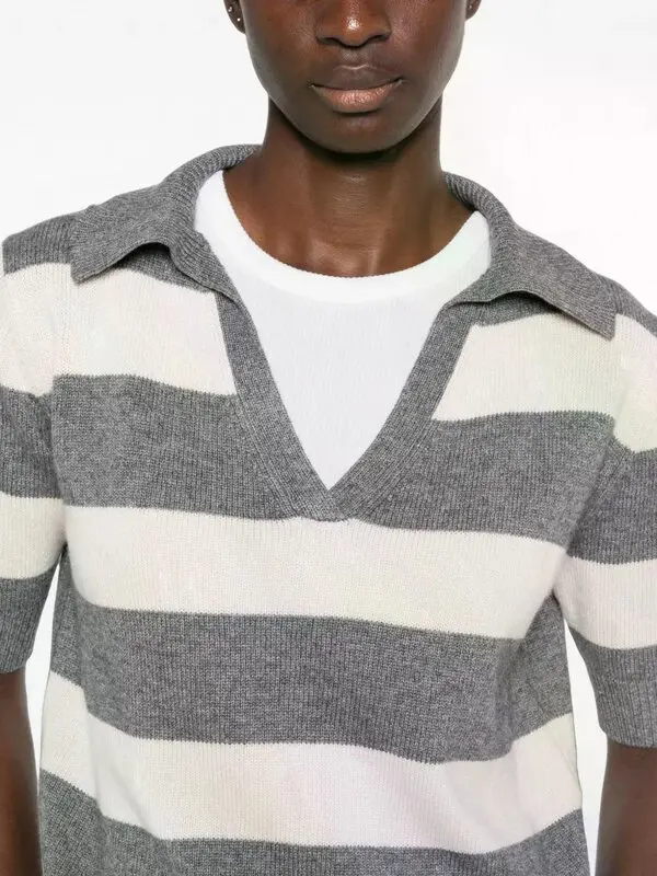 I BLUES Striped Knit V-neck Polo Top