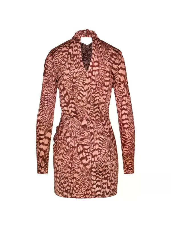 Johanna Ortiz Burgundy Feather Print Twisted Neck Long Sleeve Mini Dress - Red