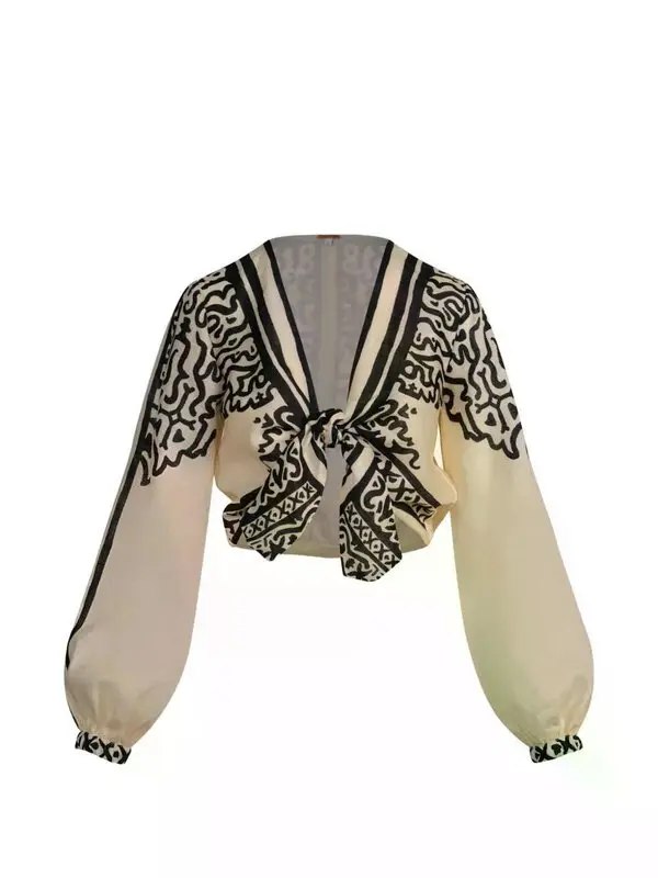 Johanna Ortiz Ecru Linen V-neck Front Tie Cropped Top - Neutrals