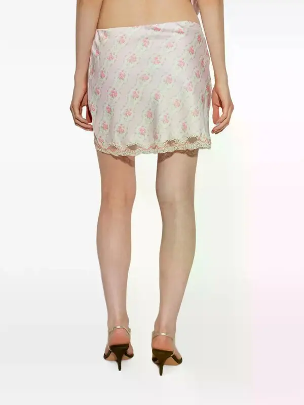 LoveShackFancy Floral Print Lace Trim Mini Skirt - Pink