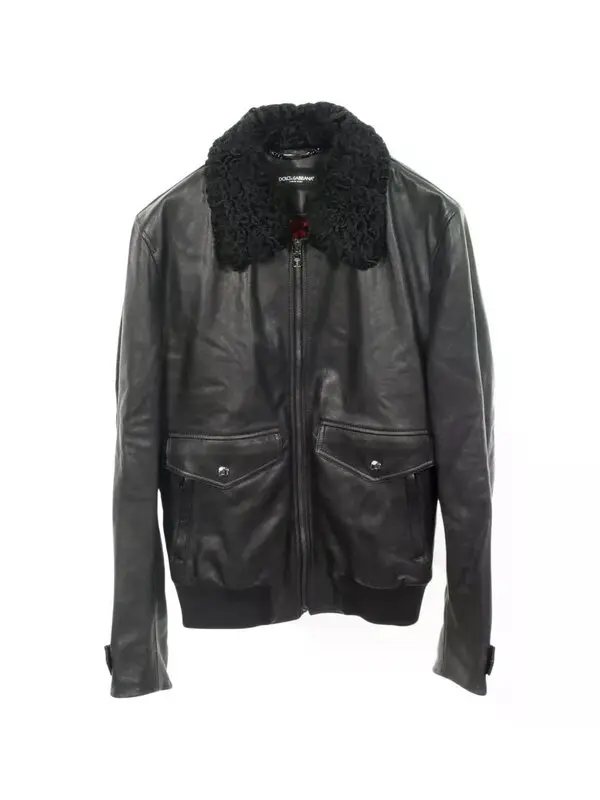 Dolce & Gabbana Leather Shearling Collar Zip-up Jacket