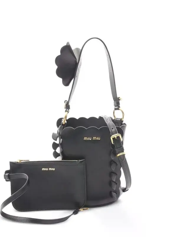 Miu Miu Leather Floral Appliqué Bucket Bag - Black