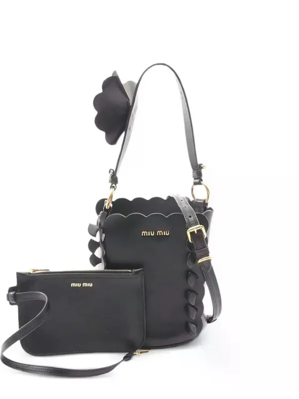 Miu Miu Leather Floral Appliqué Bucket Bag - Black