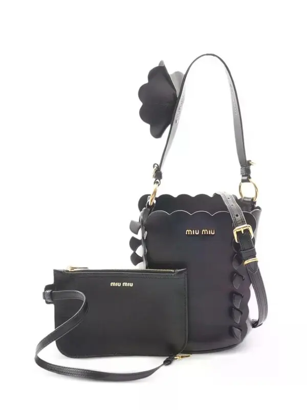 Miu Miu Leather Floral Appliqué Bucket Bag - Black