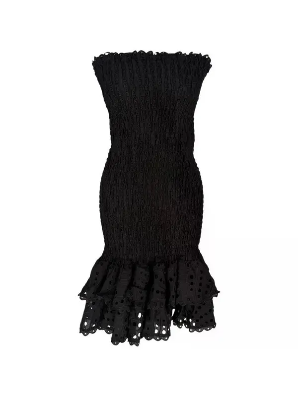 Charo Ruiz Ibiza Eyelet Shirred Bodice Strapless Tiered Ruffled Hem Dress - Black