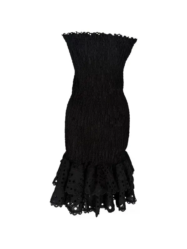 Charo Ruiz Ibiza Eyelet Shirred Bodice Strapless Tiered Ruffled Hem Dress