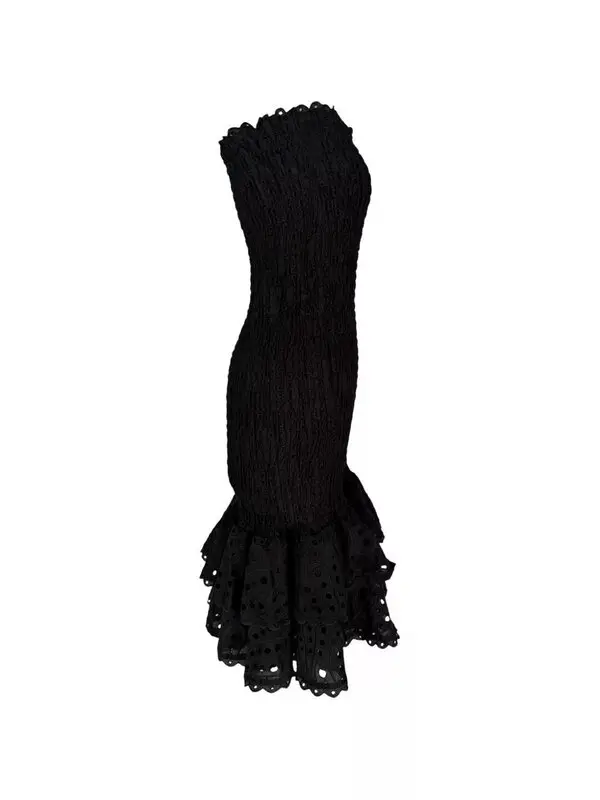 Charo Ruiz Ibiza Eyelet Shirred Bodice Strapless Tiered Ruffled Hem Dress