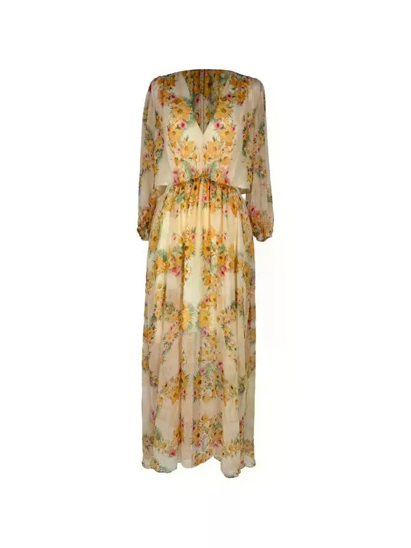 Maje Floral Print Maxi Dress With V-neck And Long Sleeves