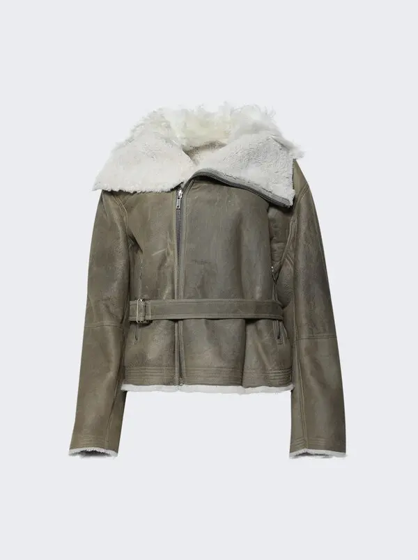 Rick Owens Cropped Flight Jacket With Shearling Collar And Belt
