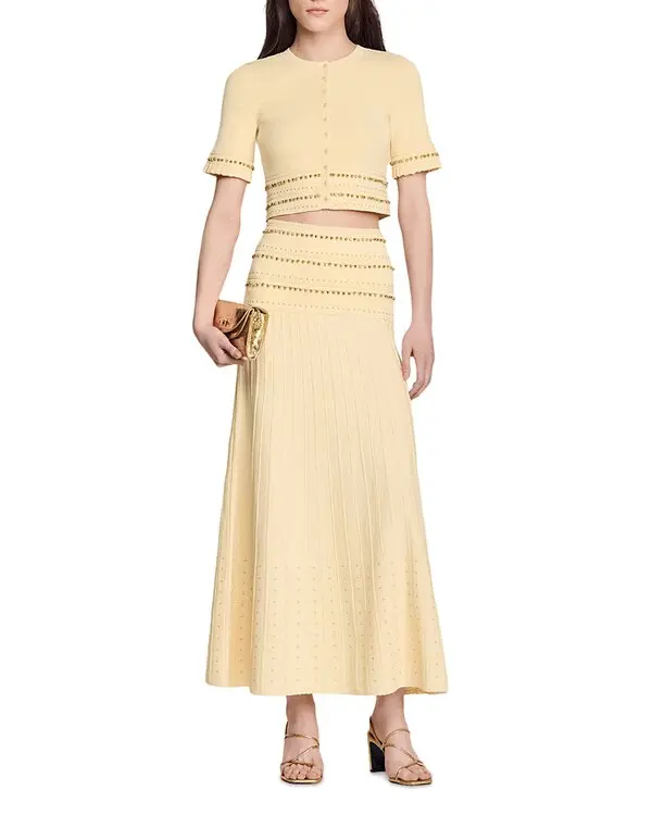 Sandro Oria Cropped Knit Top With Metallic Trim - Vanilla