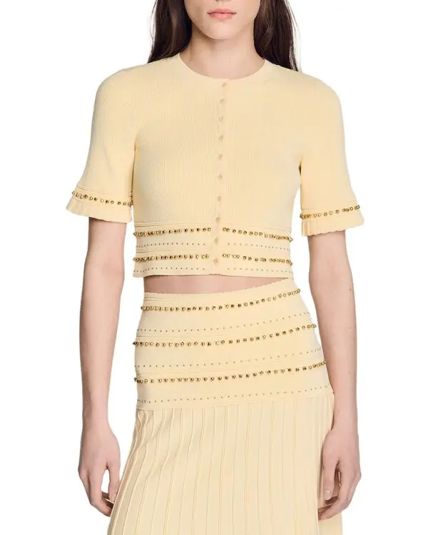 Sandro Oria Cropped Knit Top With Metallic Trim - Vanilla