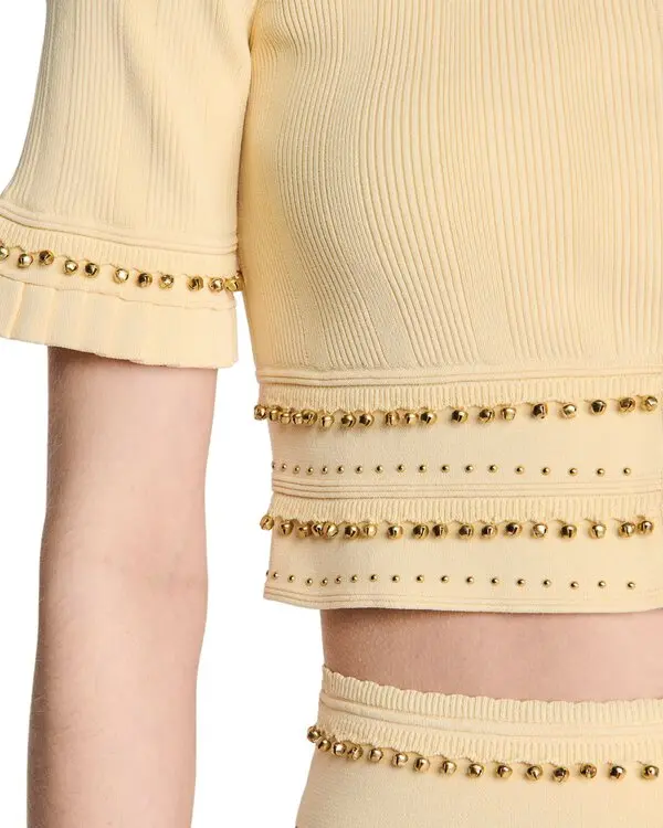 Sandro Oria Cropped Knit Top With Metallic Trim - Vanilla