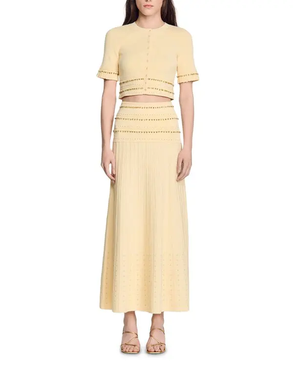 Sandro Oria Cropped Knit Top With Metallic Trim - Vanilla