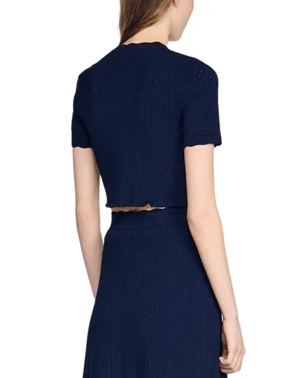 Sandro Cropped Pointelle Knit Top With Button Detail