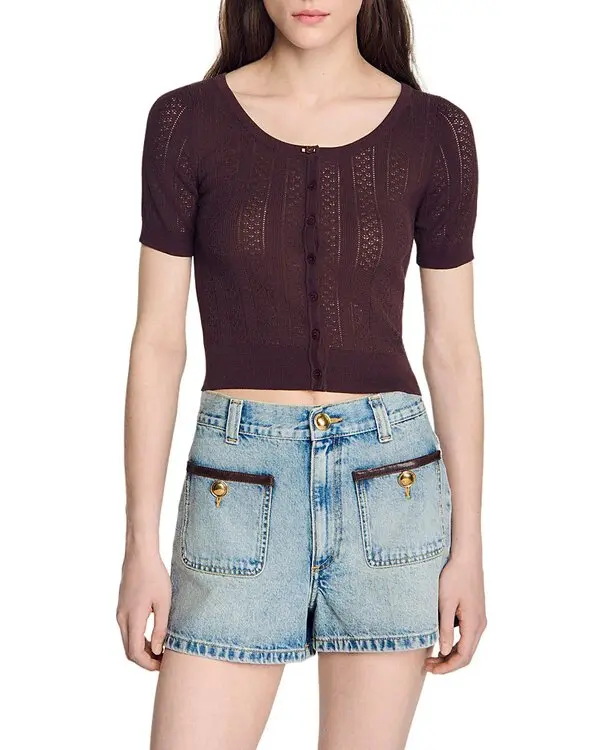 Sandro Anae Cropped Pointelle Knit Top