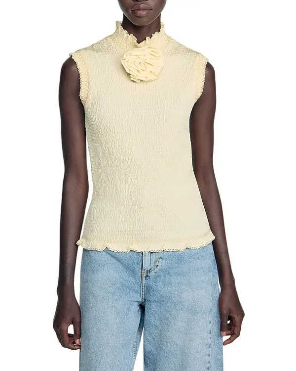 Sandro Smocked Mock Neck Top With Floral Detail