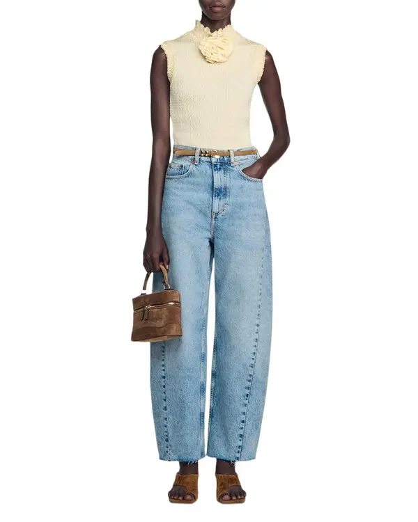 Sandro Smocked Mock Neck Top With Floral Detail