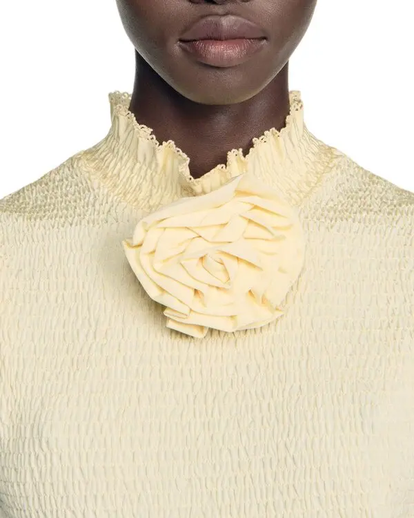 Sandro Smocked Mock Neck Top With Floral Detail