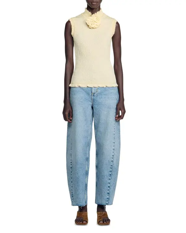 Sandro Smocked Mock Neck Top With Floral Detail