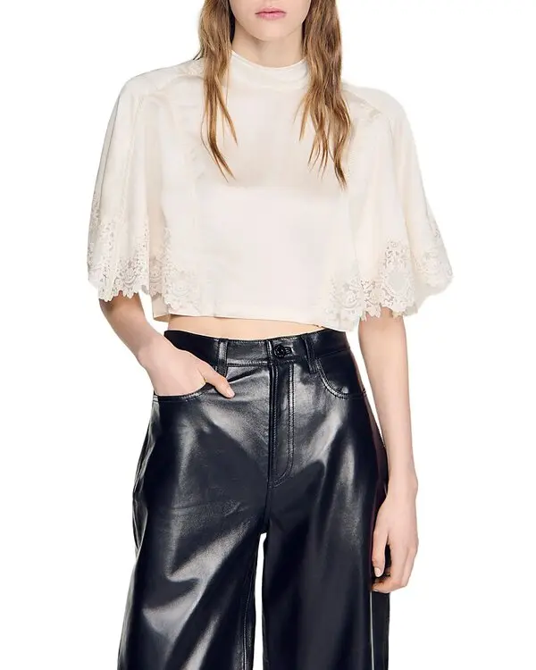 Sandro Voltige Satin Lace Trim Top