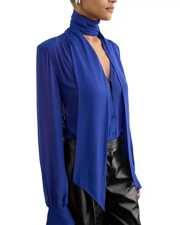 TOCCIN Kaila Sheer Print Tie Neck Blouse - Lapis