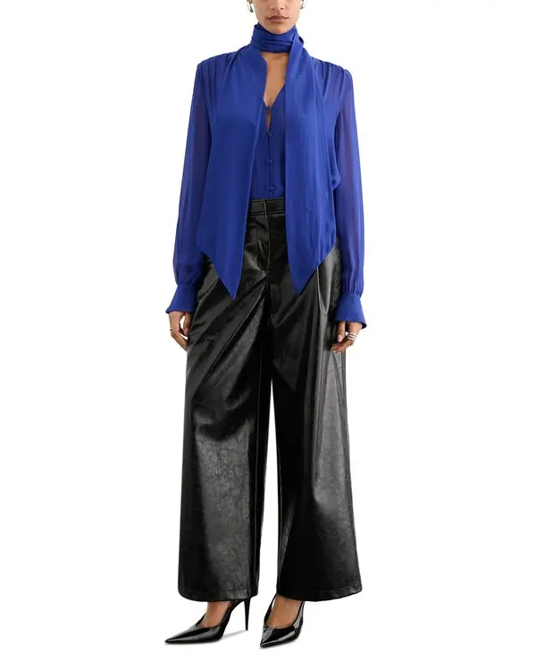 TOCCIN Kaila Sheer Print Tie Neck Blouse - Lapis