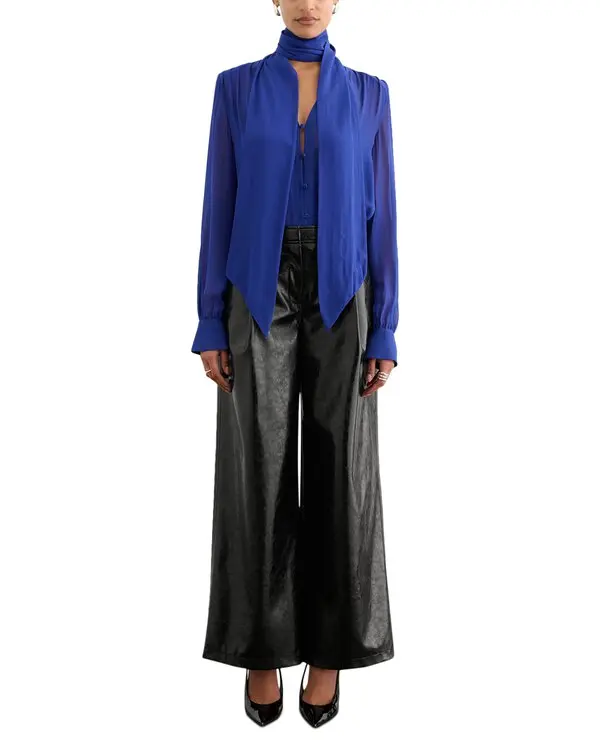 TOCCIN Kaila Sheer Print Tie Neck Blouse - Lapis