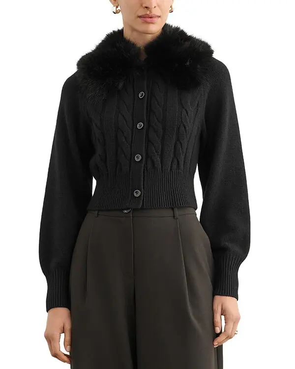 TOCCIN Rita Faux Fur Collar Cable Knit Cardigan - Jet