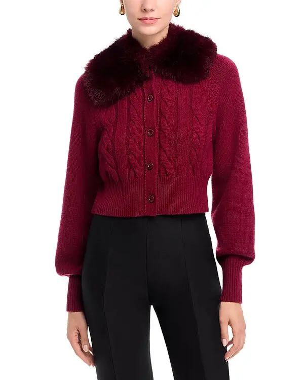 TOCCIN Rita Faux Fur Collar Cable Knit Cardigan - Wine