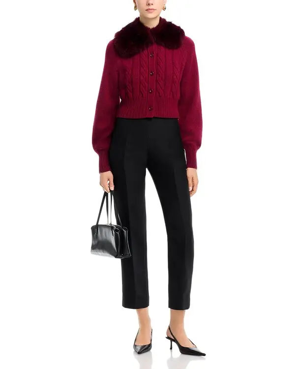 TOCCIN Rita Faux Fur Collar Cable Knit Cardigan - Wine
