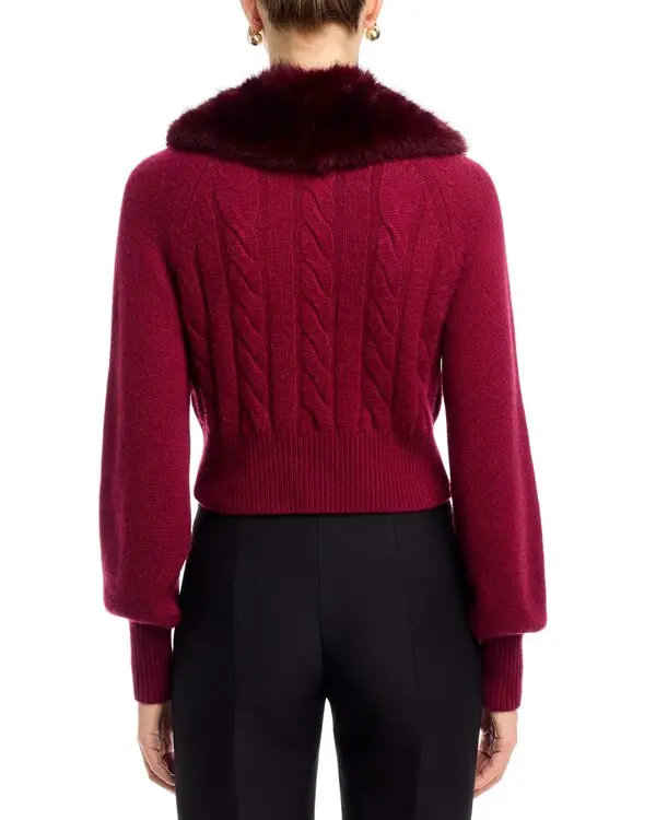 TOCCIN Rita Faux Fur Collar Cable Knit Cardigan - Wine