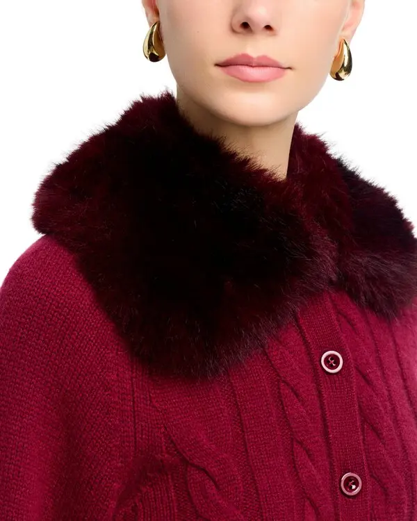 TOCCIN Rita Faux Fur Collar Cable Knit Cardigan - Wine
