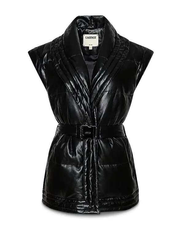 L'Agence Ignis Puffer Belted Faux Leather Down Vest
