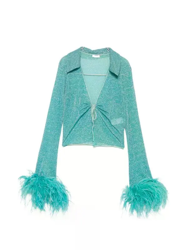 Oseree Feather-trim Metallic-thread Top