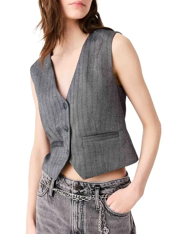Maje Livalus Rhinestone Pinstriped Vest