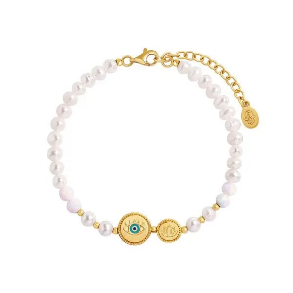 KARMA AND LUCK Serene Protection Pearl Evil Eye Lotus Bracelet - White