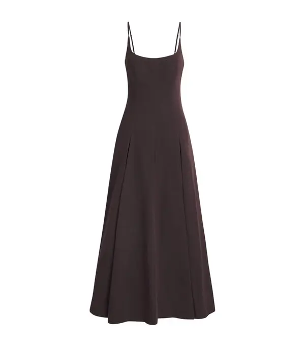 Staud Jill Midi Dress With Square Neck And Pleated Skirt