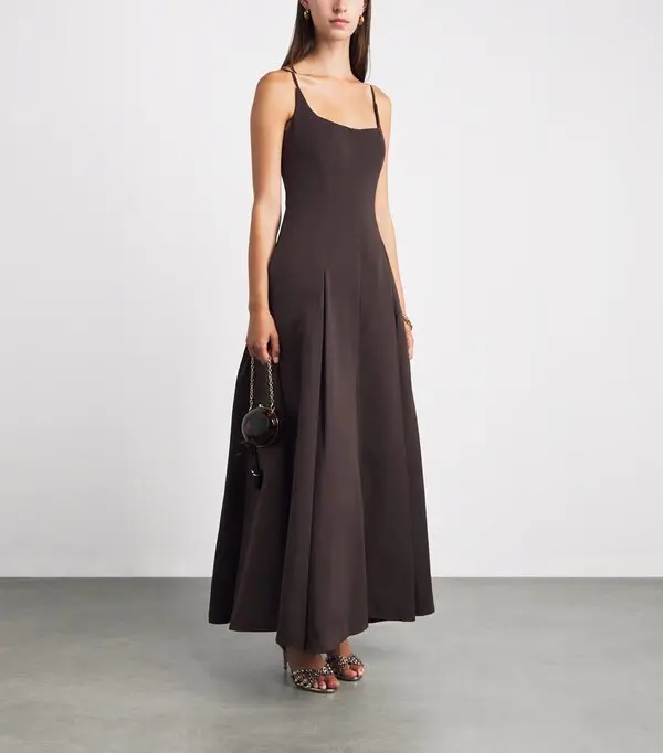 Staud Jill Midi Dress With Square Neck And Pleated Skirt