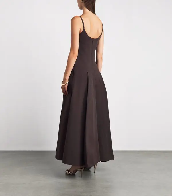 Staud Jill Midi Dress With Square Neck And Pleated Skirt