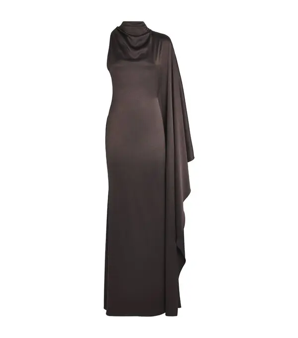 DE LA VALI Satin One-shoulder Odaluna Maxi Dress - Brown