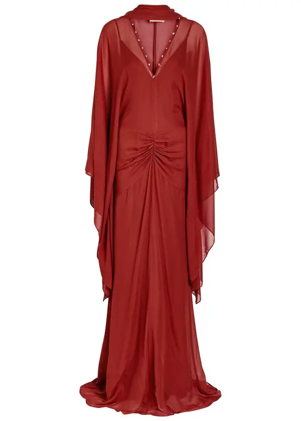 DE LA VALI Florencia Beaded Chiffon Maxi Gown - Dark Red