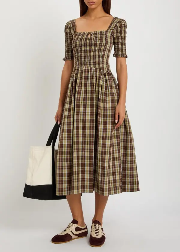 DAMSON MADDER Emmy Checked Shirred Cotton Midi Dress - Dark Brown
