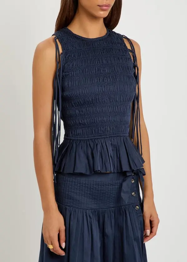 DAMSON MADDER Becca Shirred Cotton Puff Sleeve Peplum Blouse - Navy