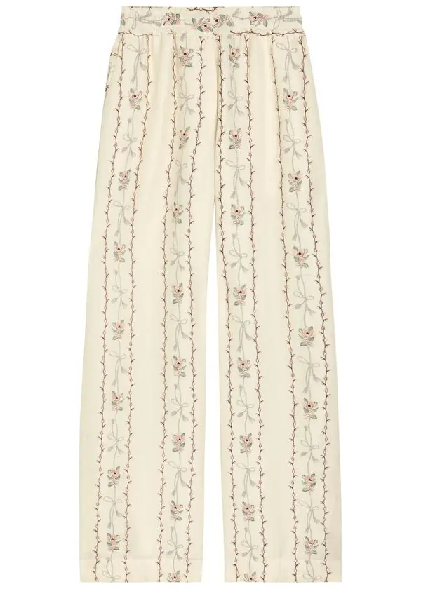 Agua Bendita Floral Embroidered Wide-leg Linen Trousers - Multicoloured