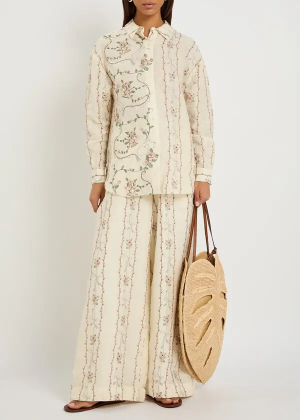 Agua Bendita Floral Embroidered Linen Shirt