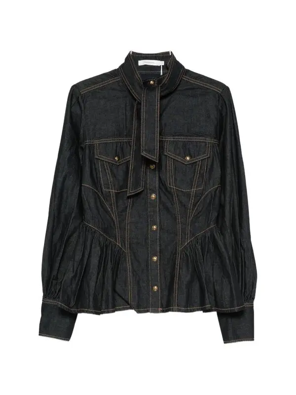 Zimmermann Denim Cotton Shirt With Pussy Bow Detail - Blue