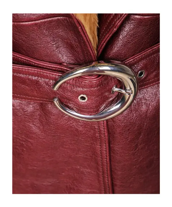 Rabanne Long Leather Coat With Fur Lapel And Belt