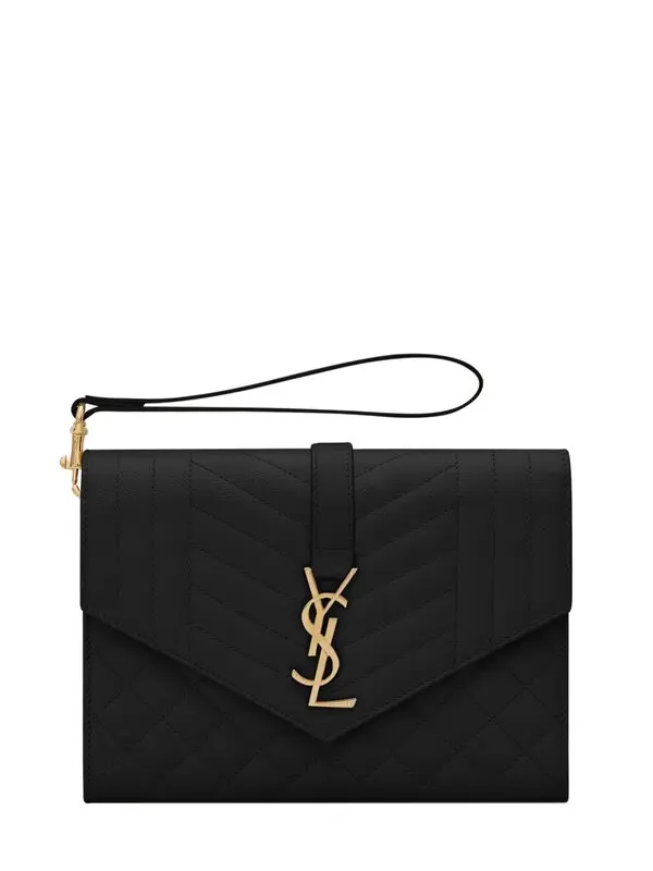 Saint Laurent Quilted Leather Envelope Clutch With Logo - Nero