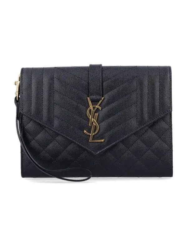 Saint Laurent Quilted Leather Envelope Clutch With Logo - Nero