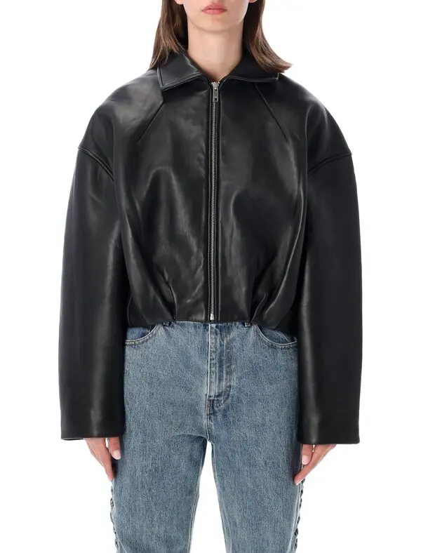 ROTATE BY BIRGER CHRISTENSEN Cropped Leather Zip Jacket - Nero